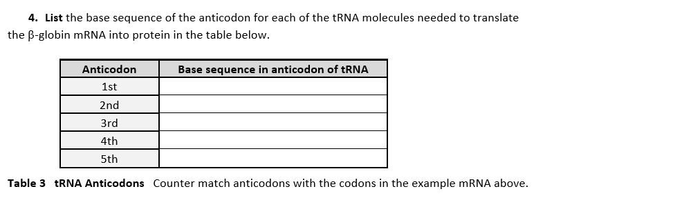 4. List the base sequence of the anticodon for each | Chegg.com