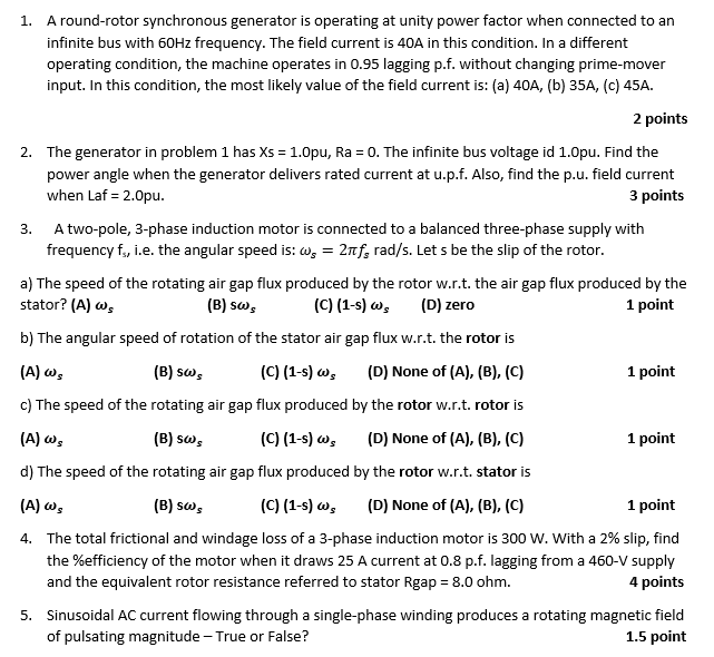 Solved 1. A round-rotor synchronous generator is operating | Chegg.com