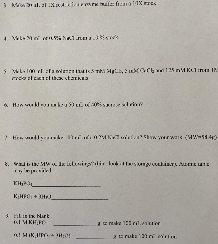3. Make 20 uL of 1X restriction enzyme buffer from a | Chegg.com