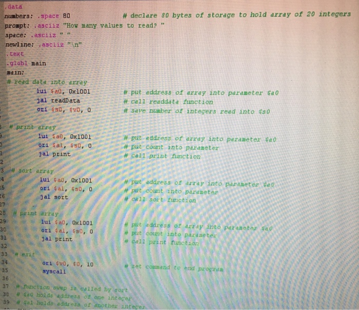 data numbers: .space 80 prompt: asciiz "How many | Chegg.com