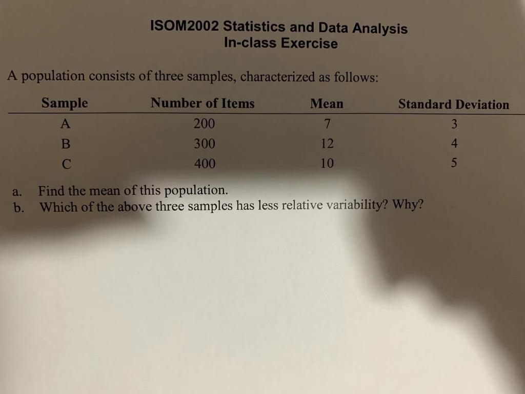 Solved ISOM2002 Statistics and Data Analysis In-class | Chegg.com