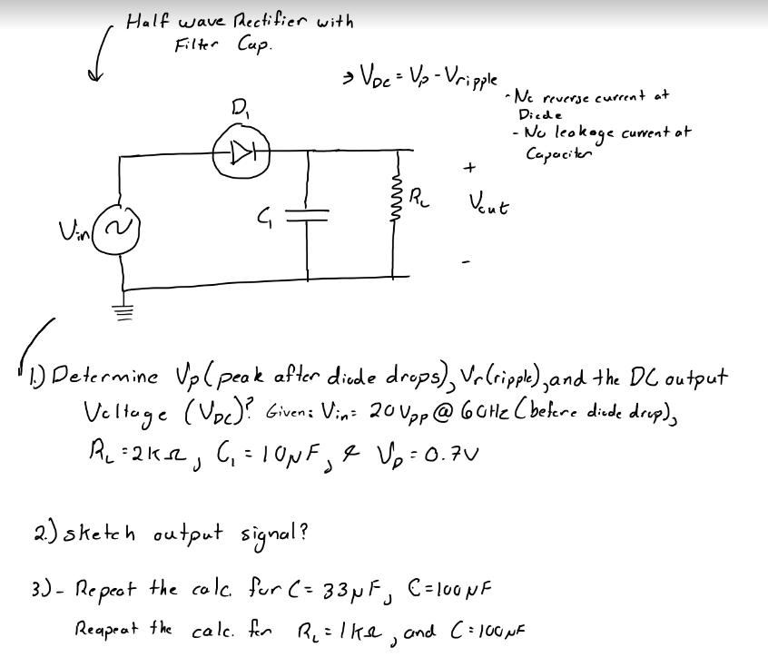 Half wave Rectifier with Filter Cup. →VDC=Vp−Vripple | Chegg.com