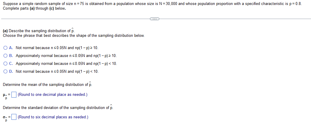 Solved Suppose a simple random sample of size n=75 is | Chegg.com
