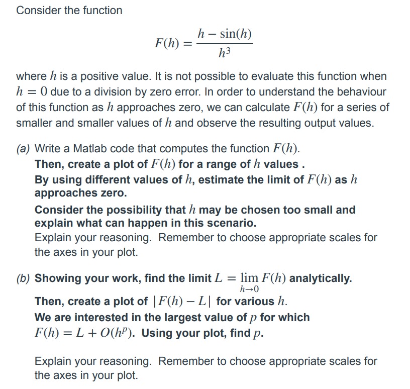 Solved Consider the functionF(h)=h-sin(h)h3where h ﻿is a | Chegg.com
