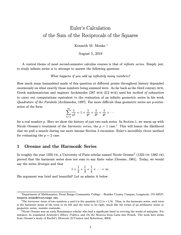 Euler's Calculation of the Sum of the Reciprocals of | Chegg.com
