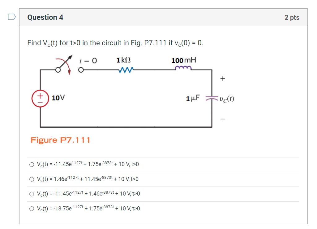 Solved Find Vc(t) for t>0 in the circuit in Fig. P7.111 if | Chegg.com