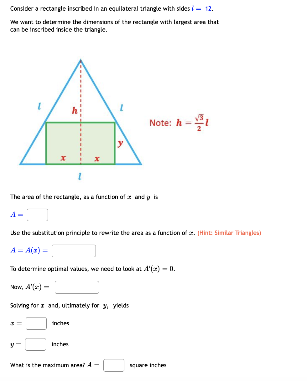 Solved Consider a rectangle inscribed in an equilateral | Chegg.com