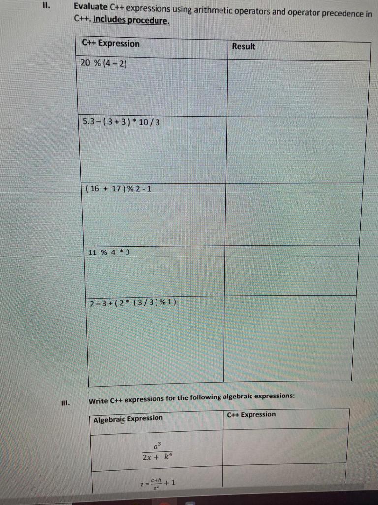 Solved II. Evaluate C++ expressions using arithmetic | Chegg.com