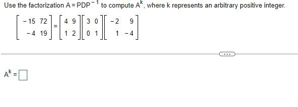 Solved Use the factorization A=PDP−1 to compute Ak , where k | Chegg.com