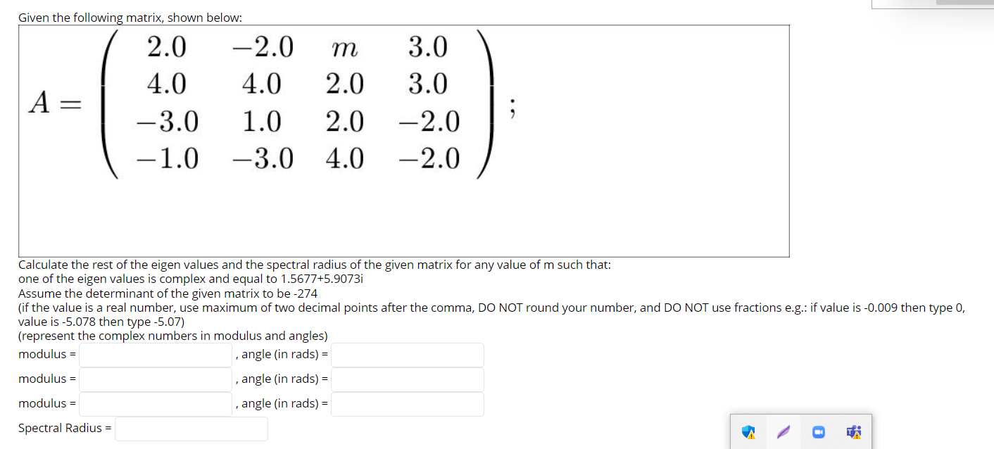 Solved Given the following matrix, shown below: 2.0 -2.0 m | Chegg.com