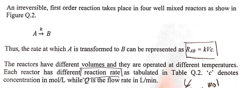 Solved An irreversible, first order reaction takes place in | Chegg.com