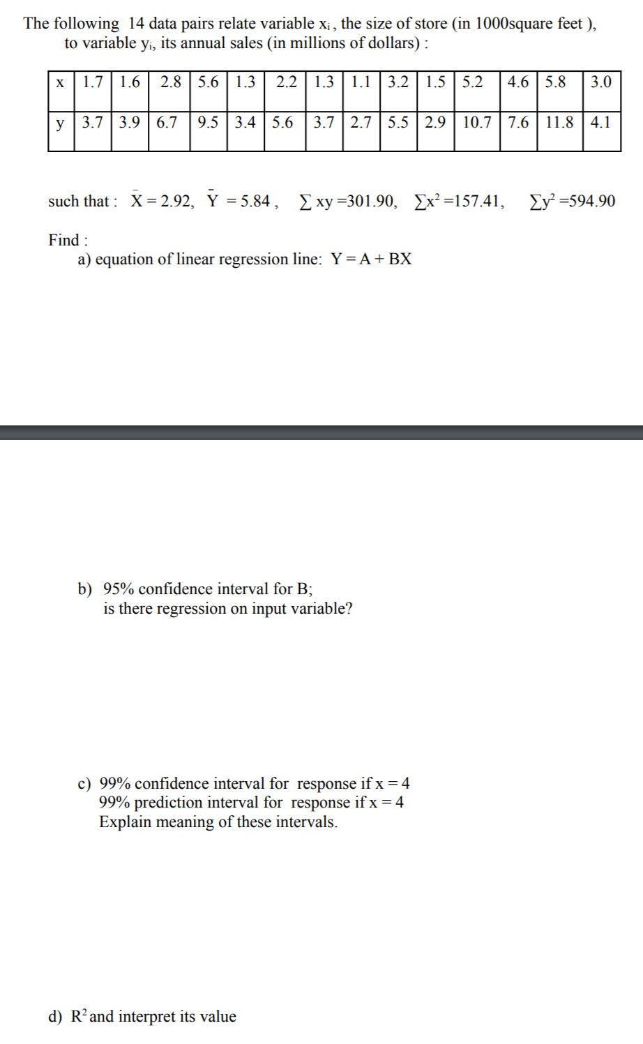 Solved The following 14 data pairs relate variable xi, the | Chegg.com