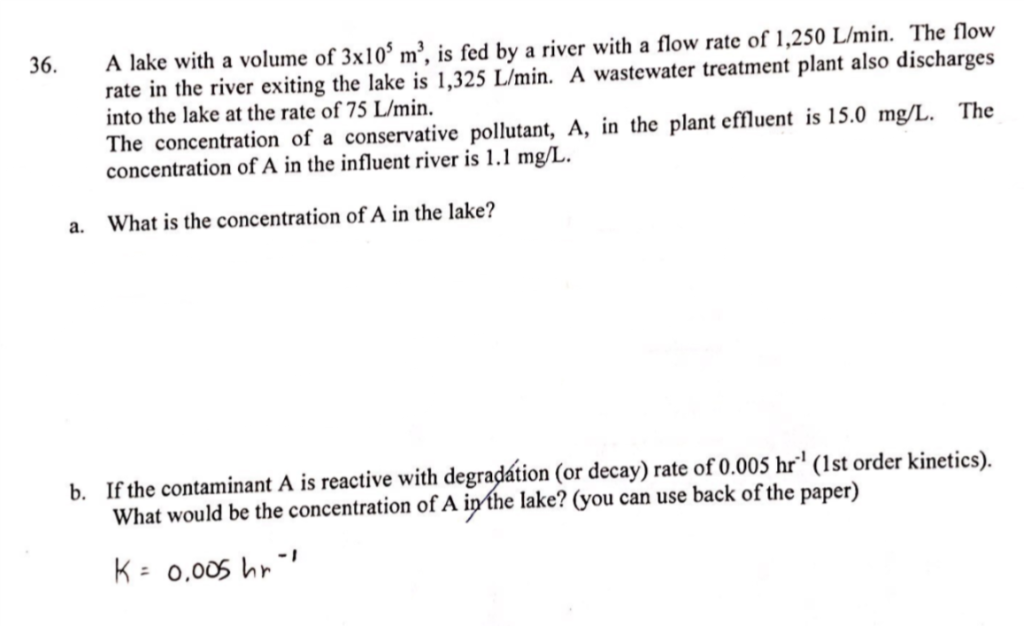 Solved A lake with a volume of 3x105 m3. is fed by a river | Chegg.com