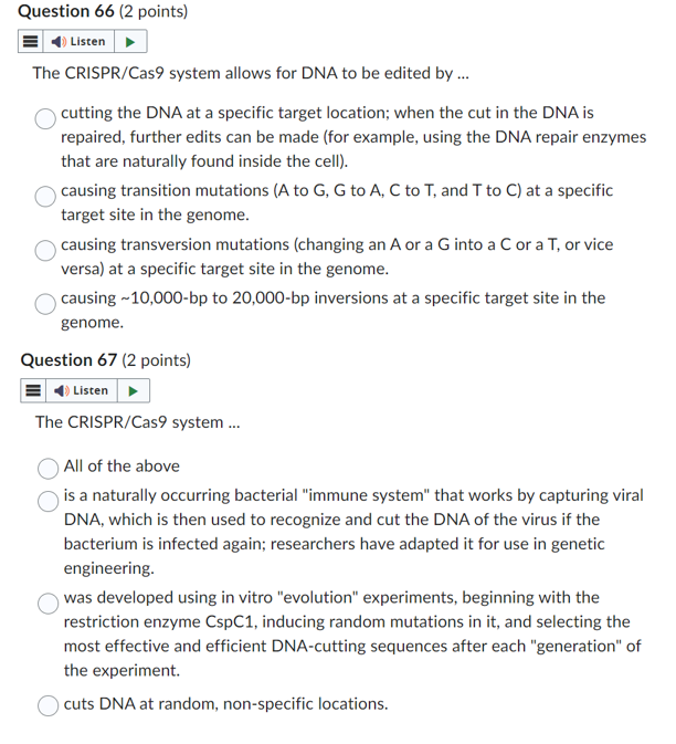 Solved The CRISPR/Cas9 system allows for DNA to be edited by | Chegg.com