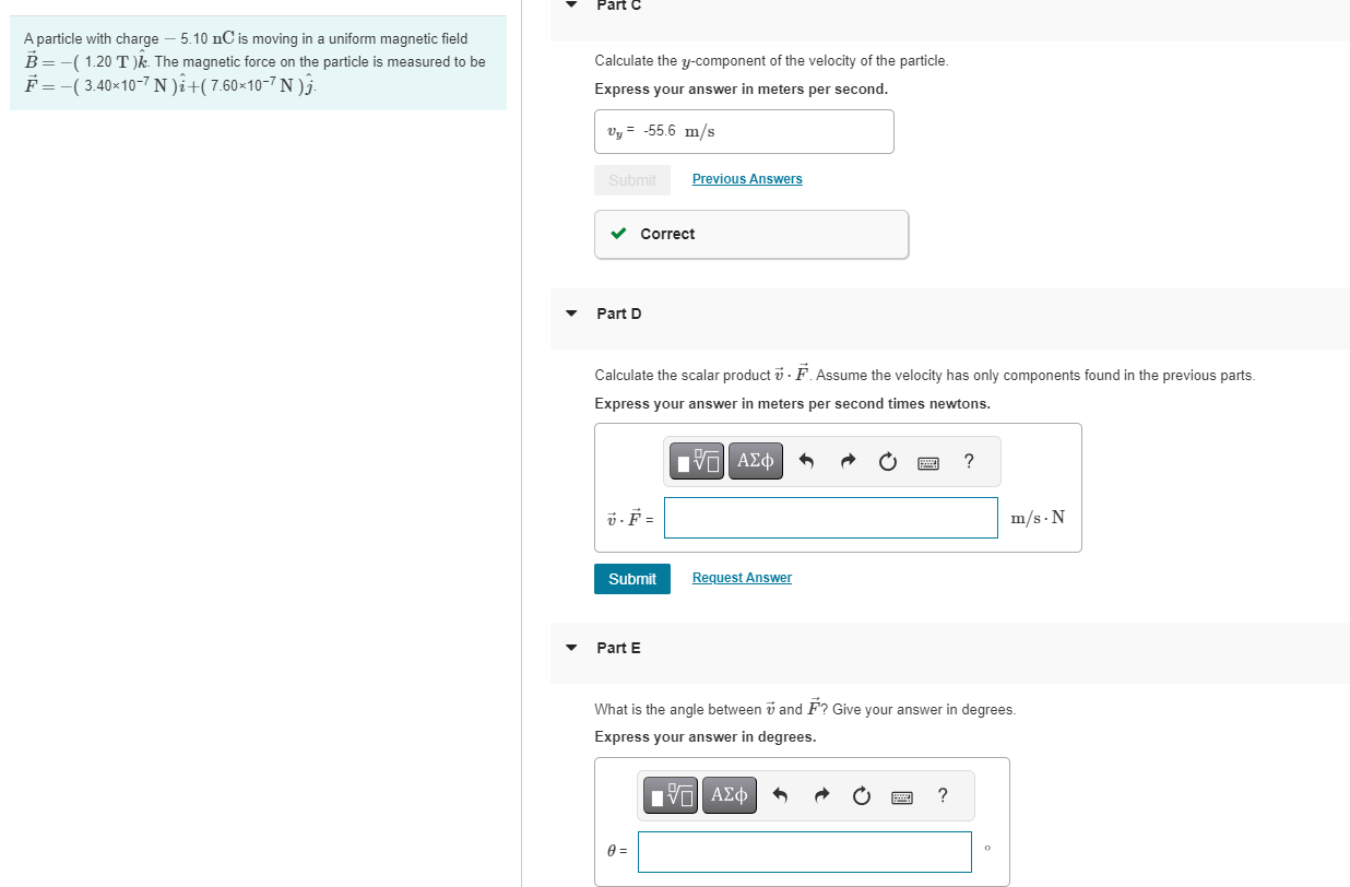 Solved A particle with charge −5.10nC is moving in a uniform | Chegg.com