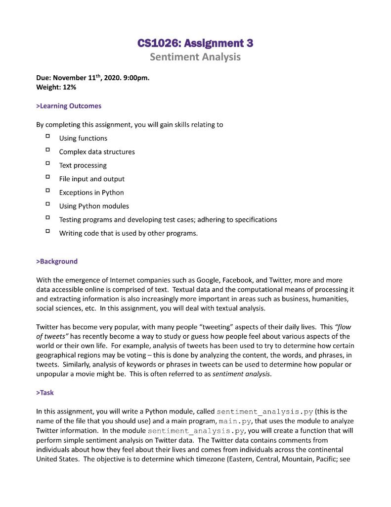 Solved CS1026: Assignment 3 Sentiment Analysis Due: November | Chegg.com