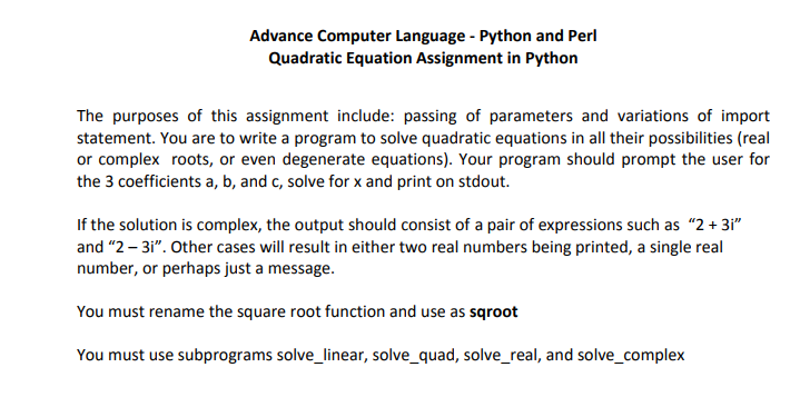 Solved Advance Computer Language - Python and Perl Quadratic | Chegg.com