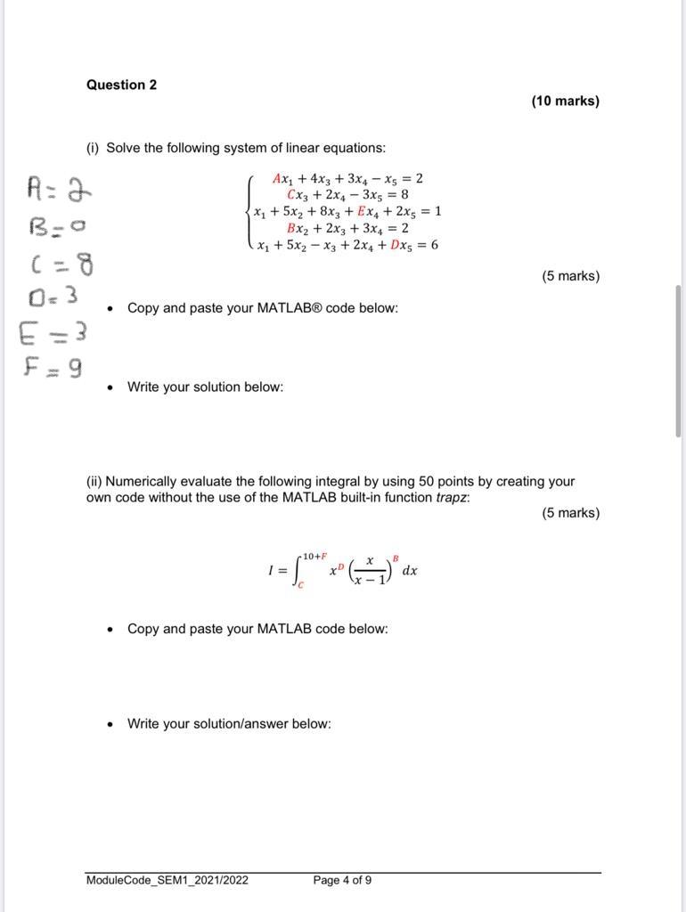 Solved Question 2 (10 marks) (i) Solve the following system | Chegg.com