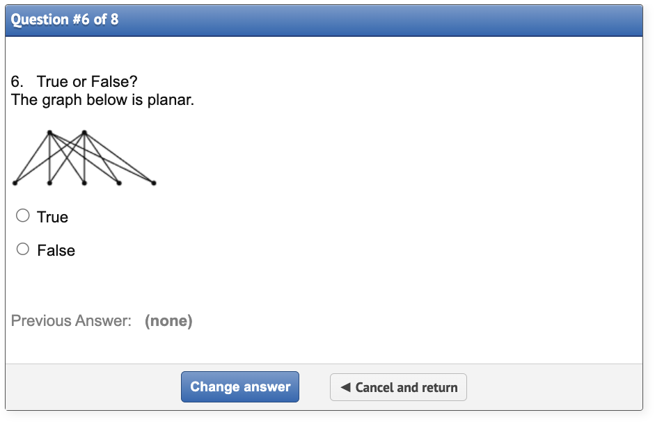 Solved 6. True or False? The graph below is planar. True | Chegg.com