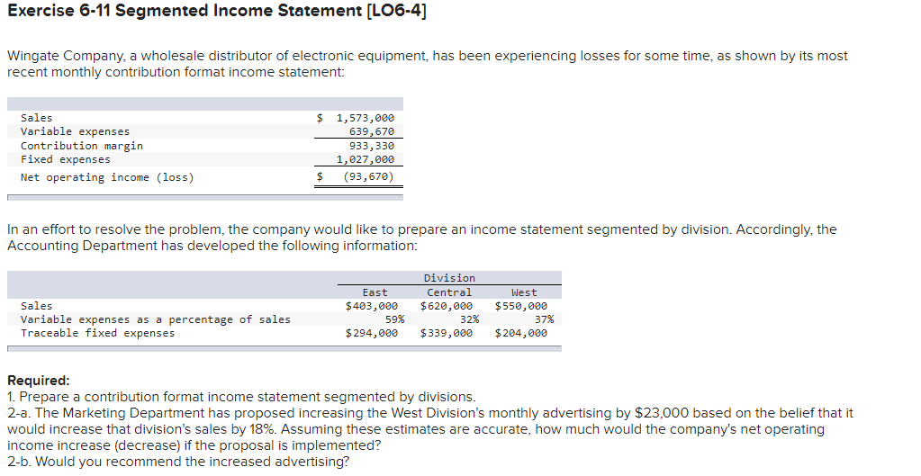 Solved Exercise 6-11 Segmented Income Statement [LO6-4] | Chegg.com
