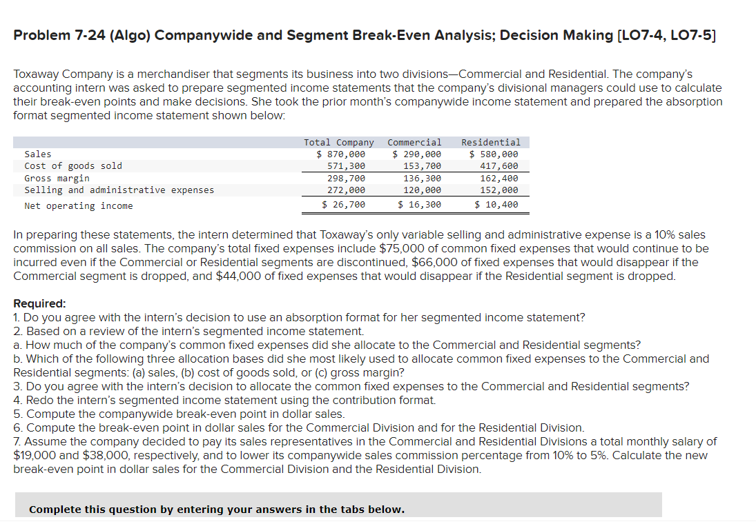 Solved Problem 7-24 (Algo) Companywide and Segment | Chegg.com