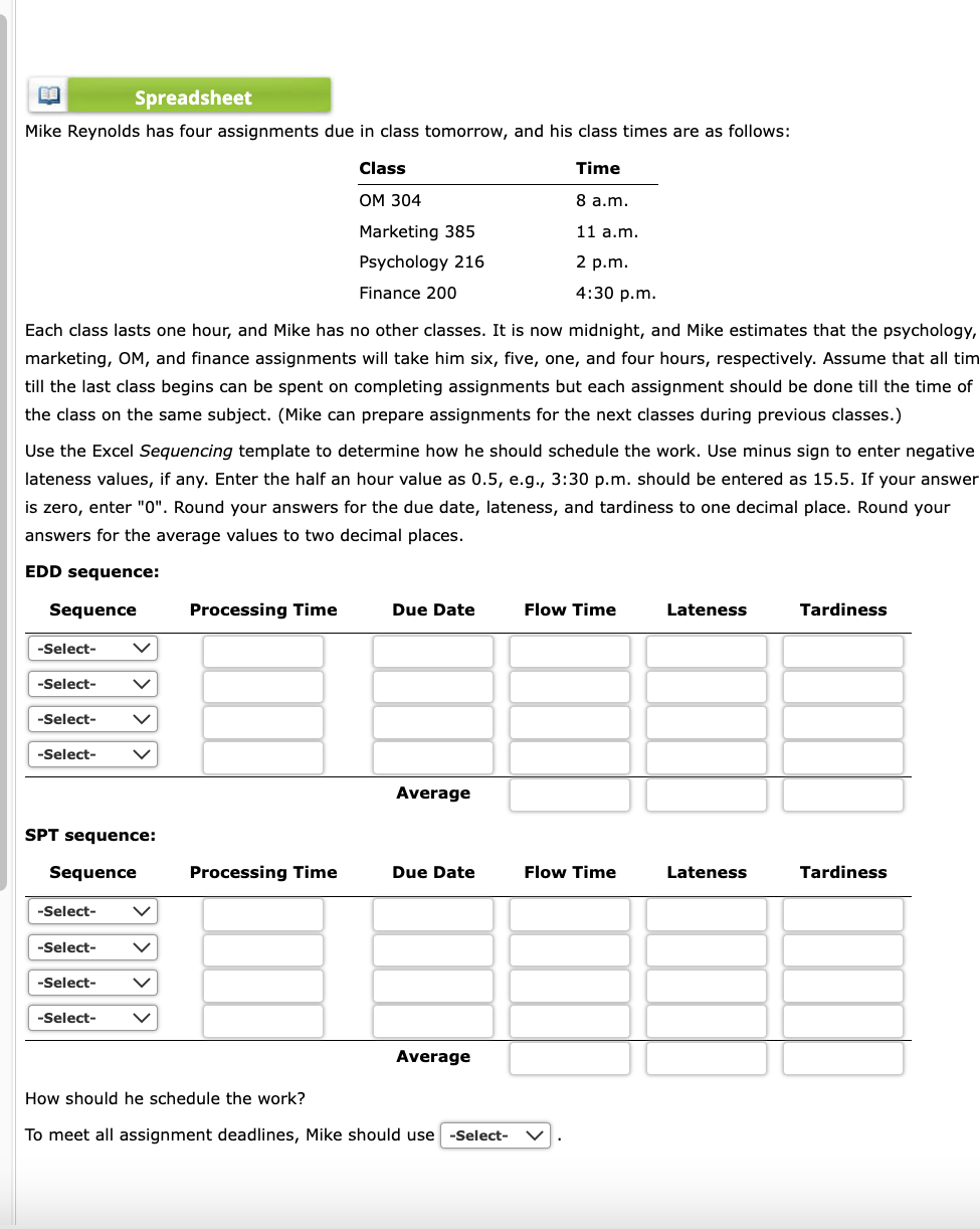 Solved Mike Reynolds has four assignments due in class | Chegg.com