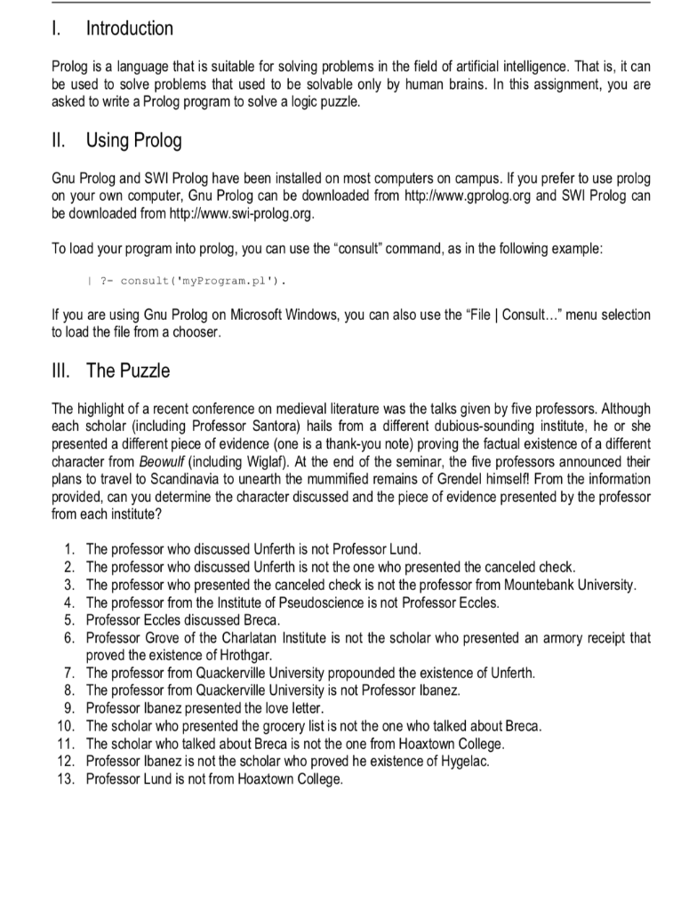 I. Introduction Prolog is a language that is suitable | Chegg.com