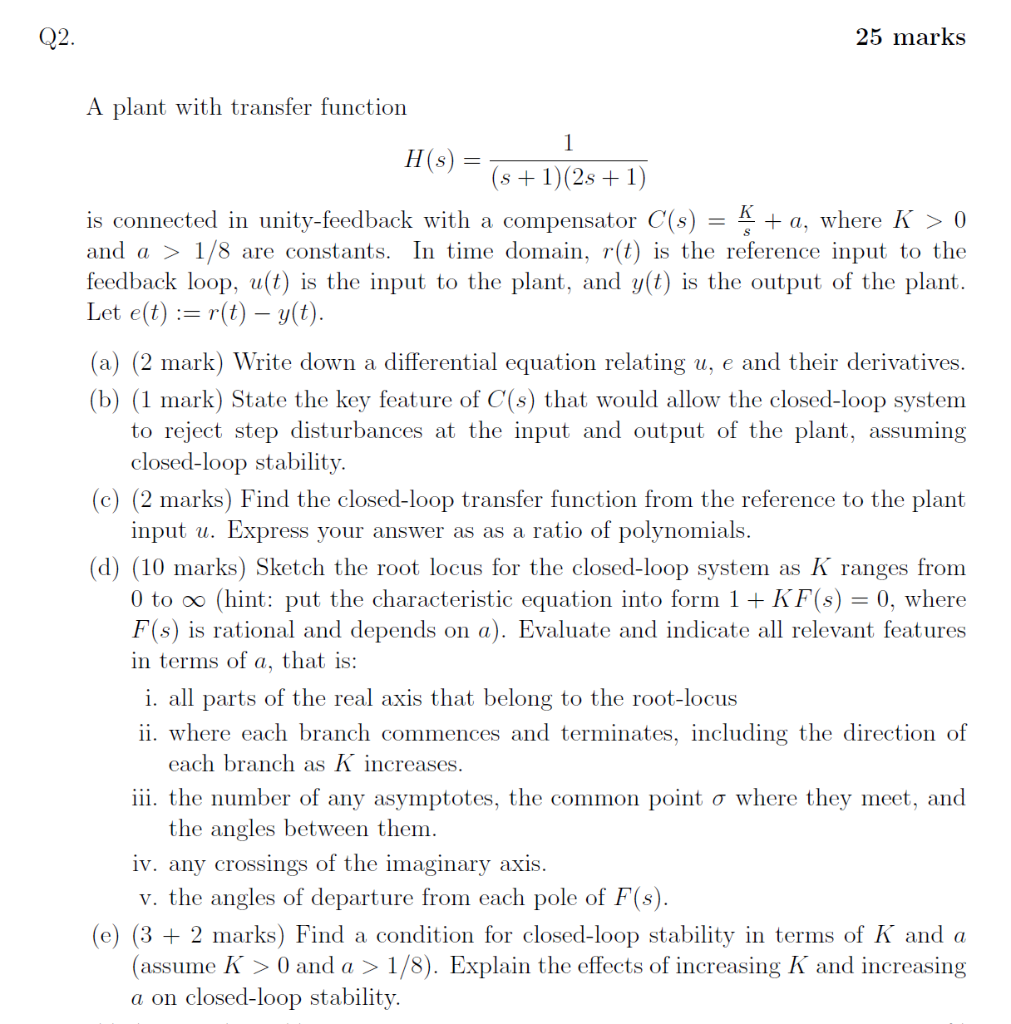 Solved Q2. 25 marks A plant with transfer function 1 H(s) = | Chegg.com