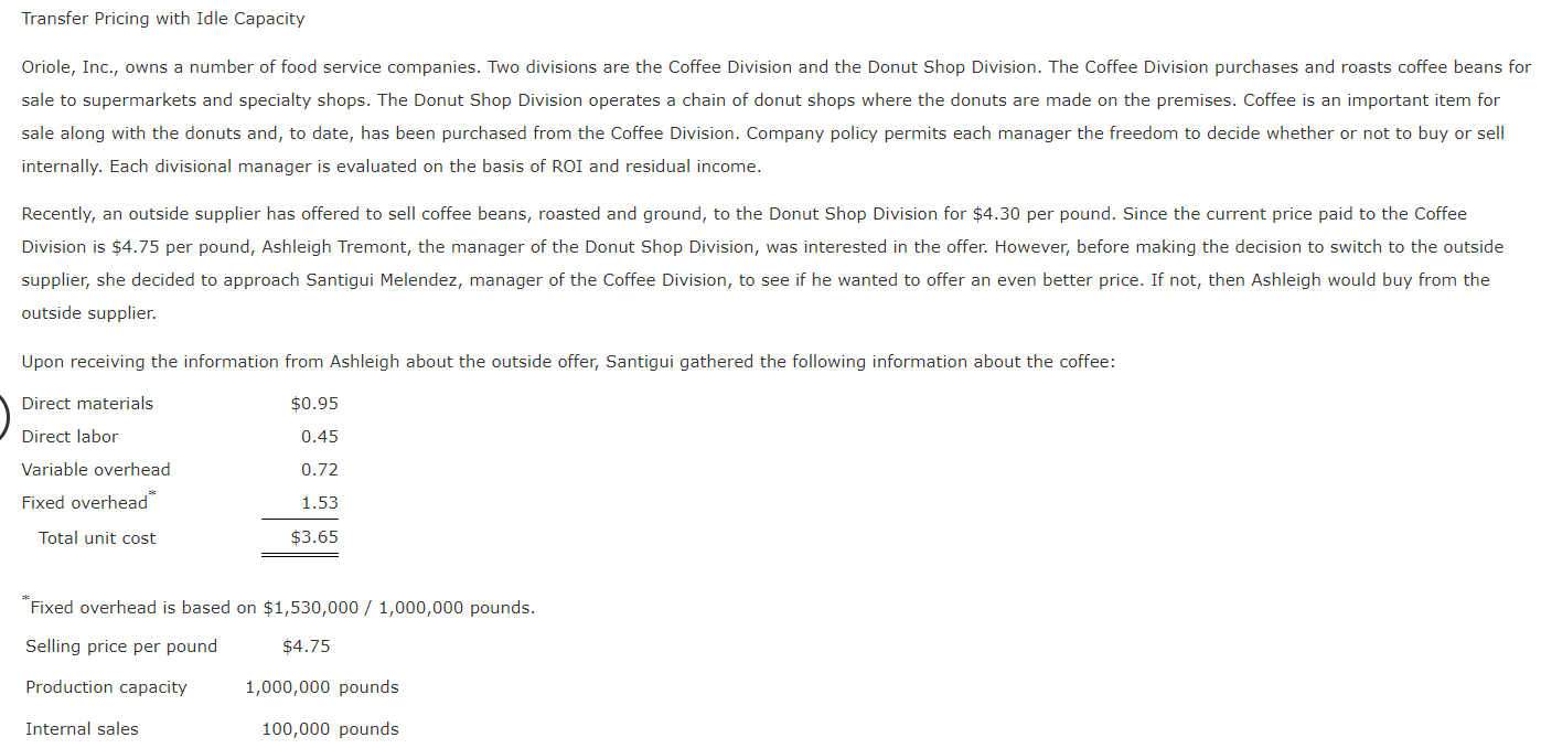 Solved Transfer Pricing with Idle Capacity Oriole, Inc., | Chegg.com