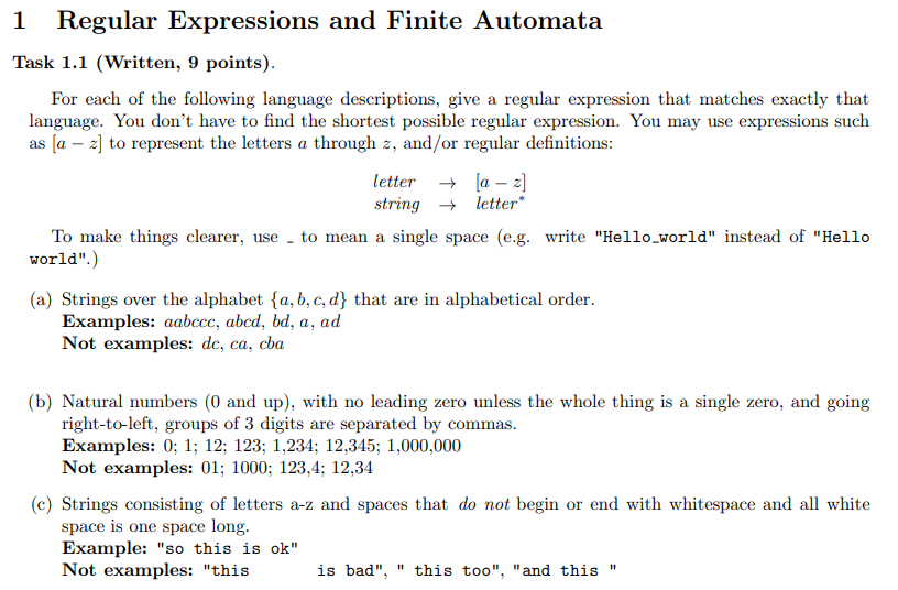 Solved 1 Regular Expressions and Finite Automata Task 1.1 | Chegg.com