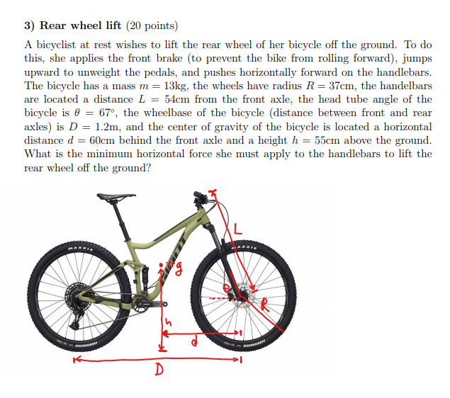 Solved 3) Rear wheel lift (20 points) A bicyclist at rest | Chegg.com