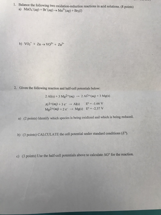 Solved 1. Balance the following two oxidation a) MnO4 (aq)+ | Chegg.com