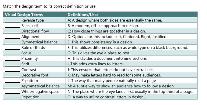 Match the design term to its correct definition or | Chegg.com