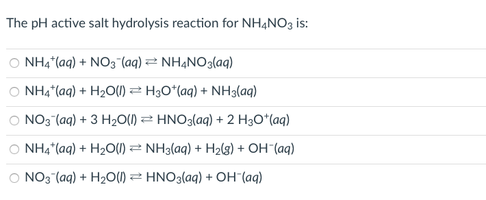 Solved The pH active salt hydrolysis reaction for NH4NO3 is: | Chegg.com