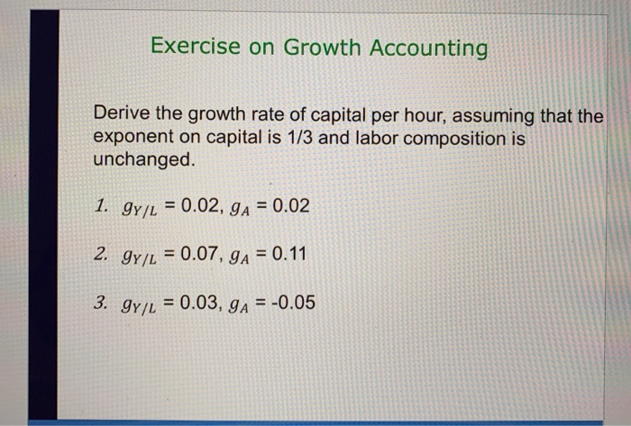 Solved Exercise on Growth Accounting Derive the growth rate | Chegg.com