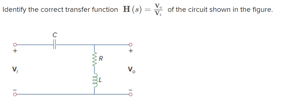 Solved Identify the correct transfer function H(s)=ViVo of | Chegg.com