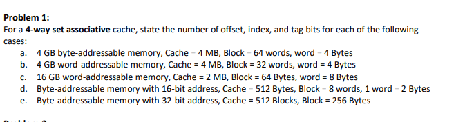 Solved cases: Problem 1: For a 4-way set associative cache, | Chegg.com