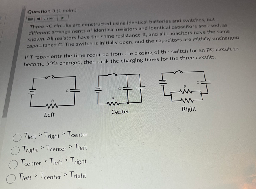 Solved Three RC circuits are constructed using identical | Chegg.com