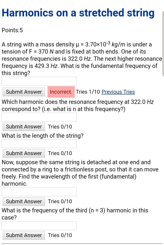 Solved Harmonics on a stretched string Points:5 A string | Chegg.com