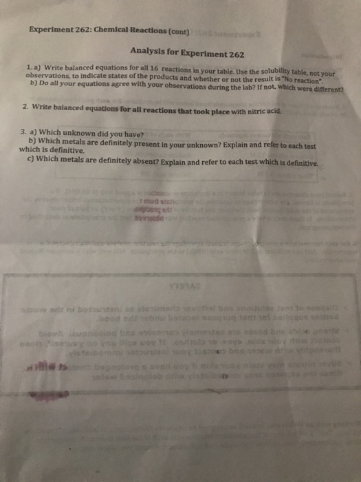 Solved Experiment 262: Chemical Reactions (cont) Analysis | Chegg.com
