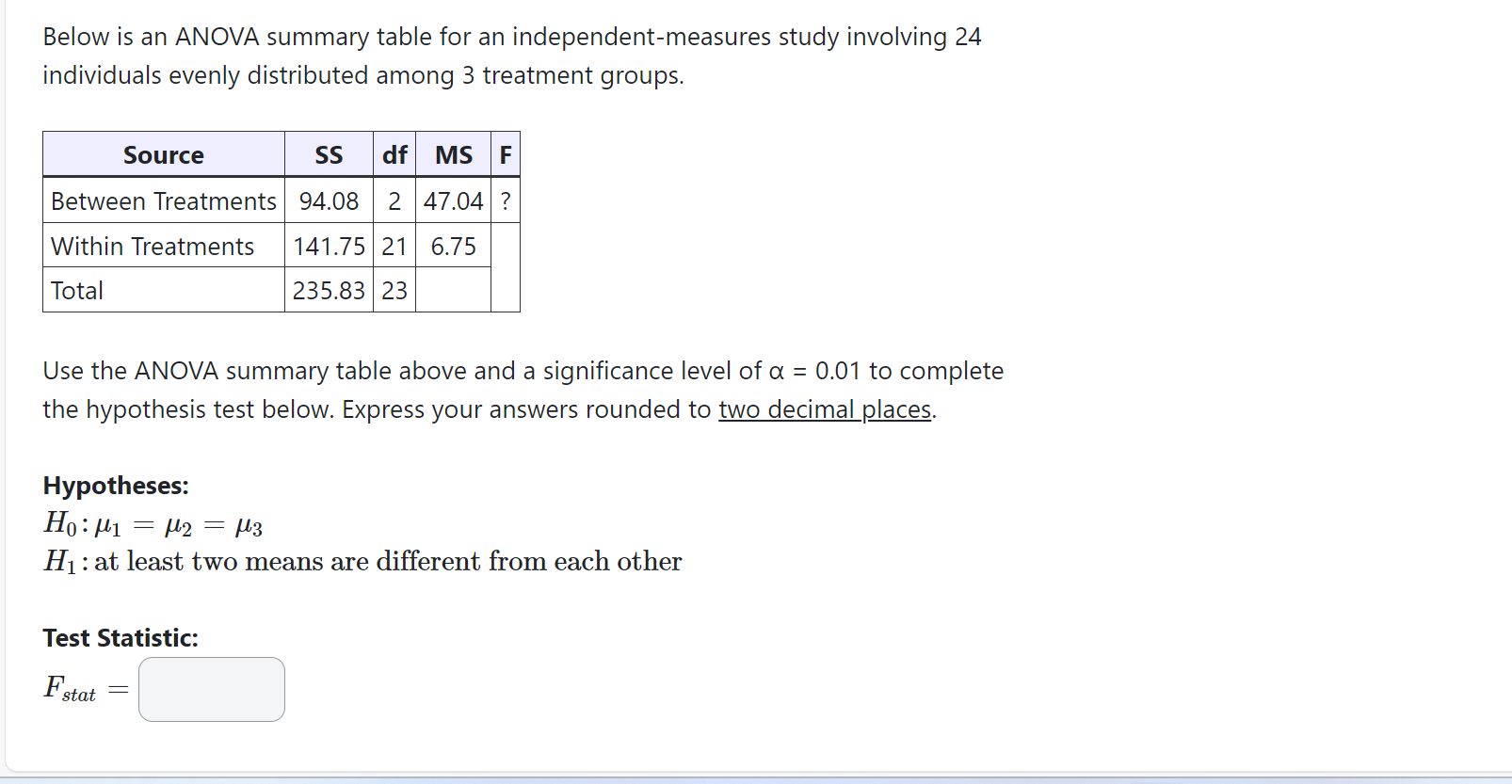 Solved Below is an ANOVA summary table for an | Chegg.com
