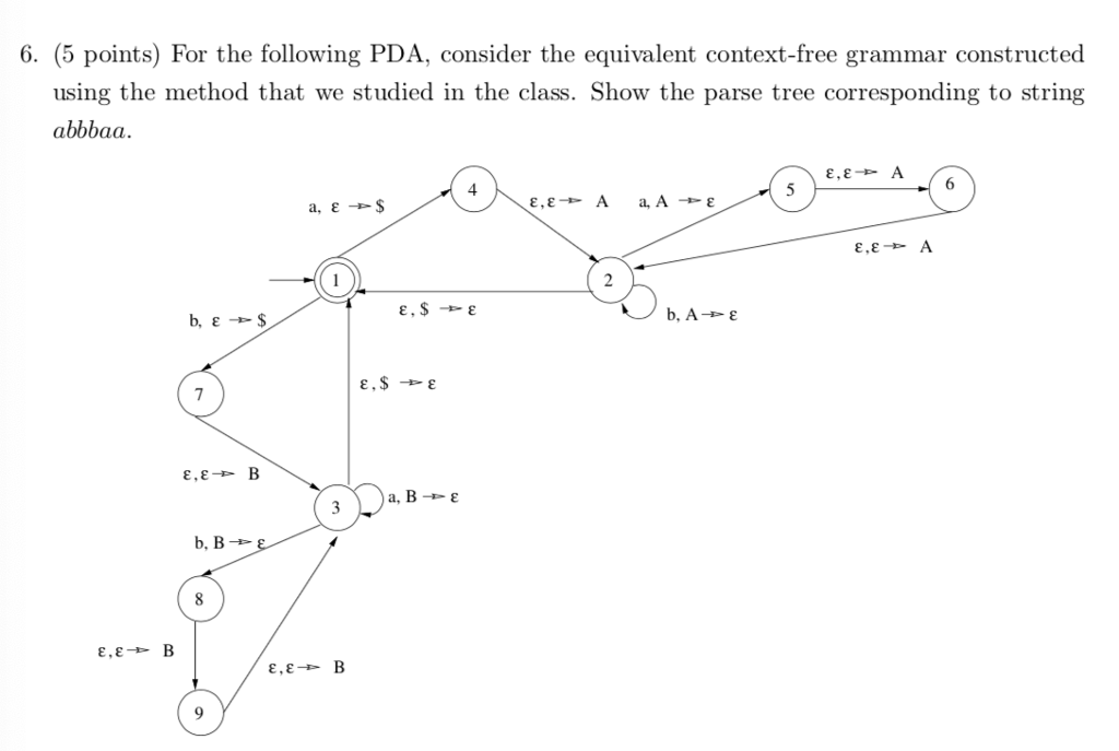 Solved 6. (5 points) For the following PDA, consider the | Chegg.com