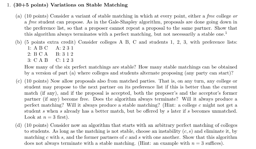 1. (30+5 points) Variations on Stable Matching (a) | Chegg.com