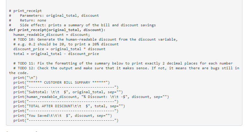 # print_receipt# Parameters: original_total, | Chegg.com