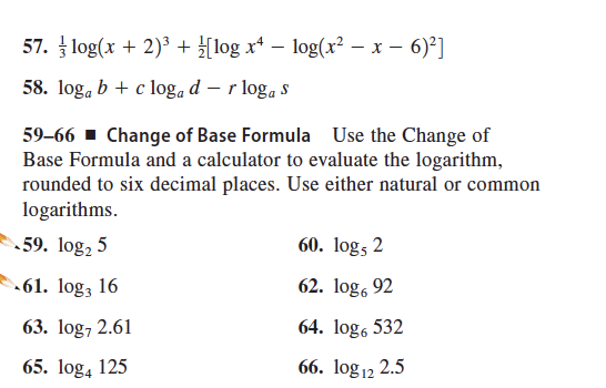 Solved 57. { log(x + 2)3 + ][log x4 – log(x² – X – 6)?] 58. | Chegg.com