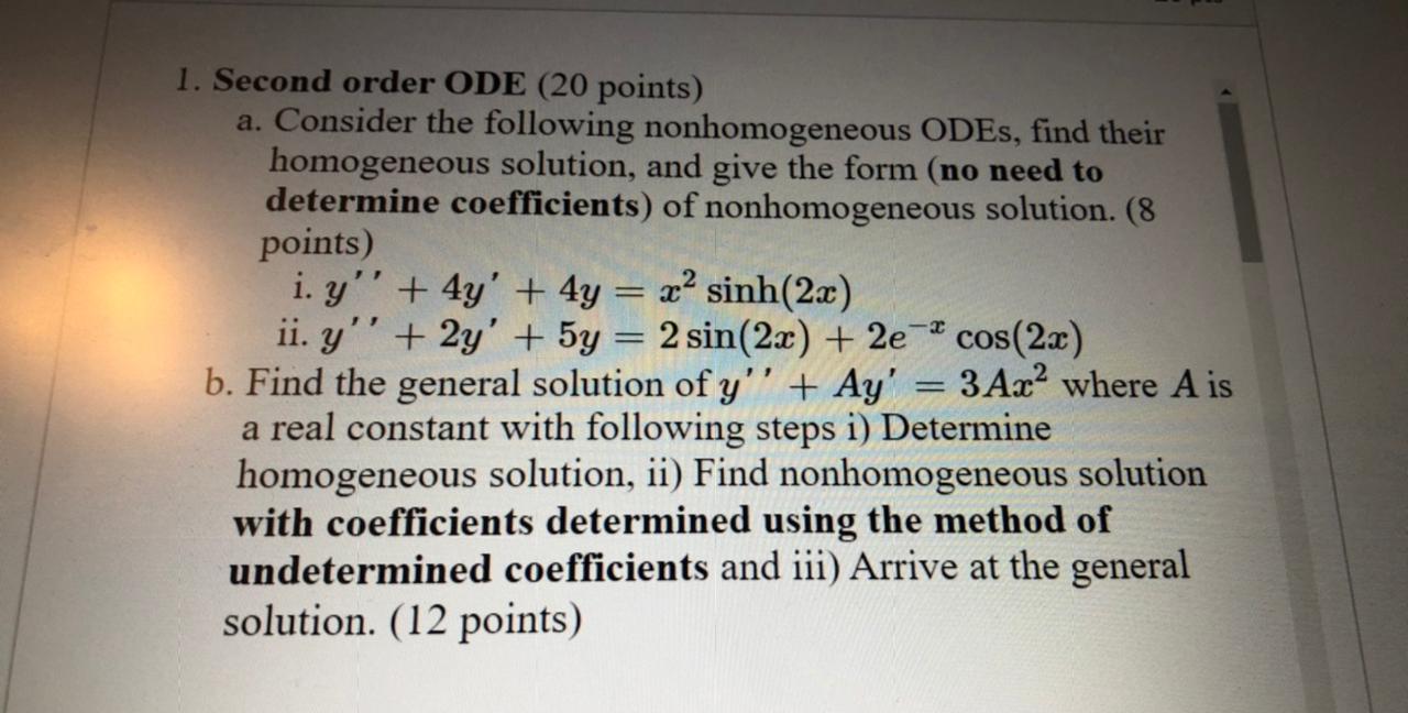 Solved 1. Second order ODE (20 points) a. Consider the | Chegg.com
