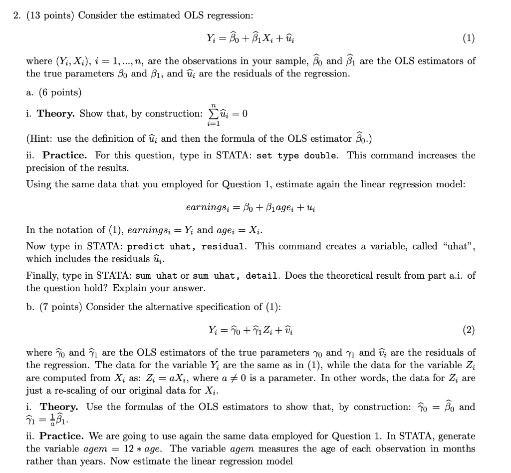 Solved 2. (13 points) Consider the estimated OLS regression: | Chegg.com