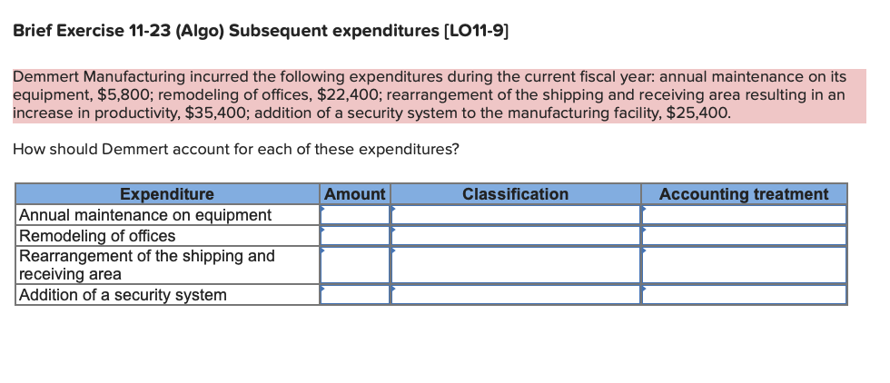 Solved Brief Exercise 11-23 (Algo) Subsequent expenditures | Chegg.com Solved Brief Exercise 11-23 (Algo) Subsequent expenditures | Chegg.com