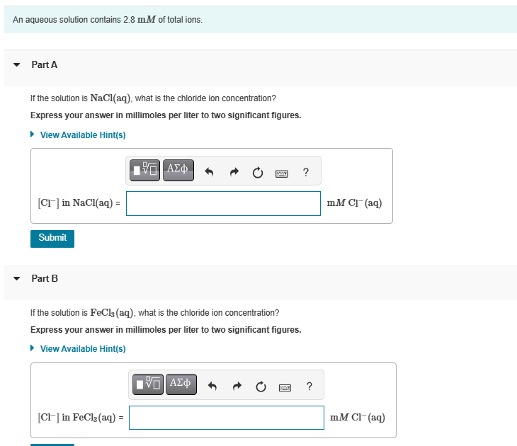 Solved An aqueous solution contains 2.8 mM of total ions. | Chegg.com