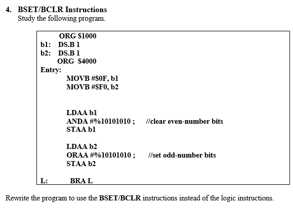 4. BSET/BCLR Instructions Study the following | Chegg.com